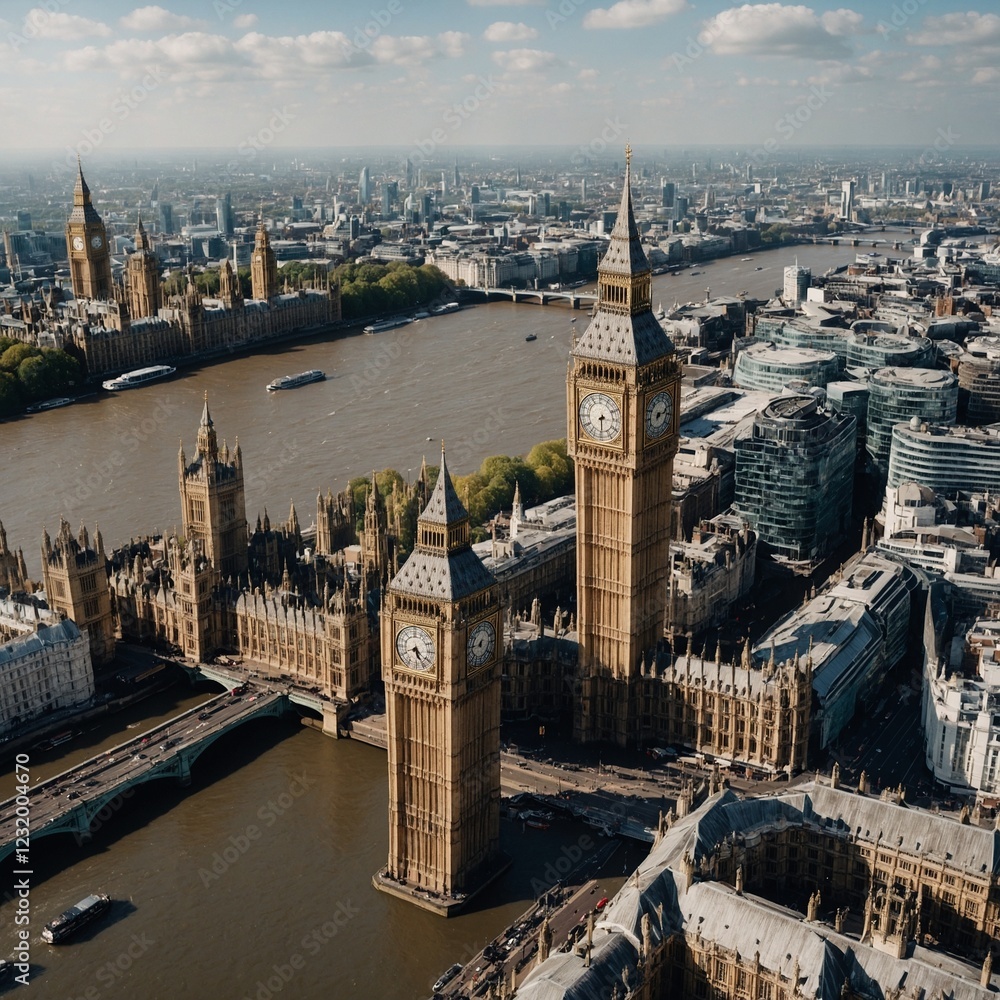 4K cinematic aerial view of London’s Big Ben and the River Thames, pure ...
