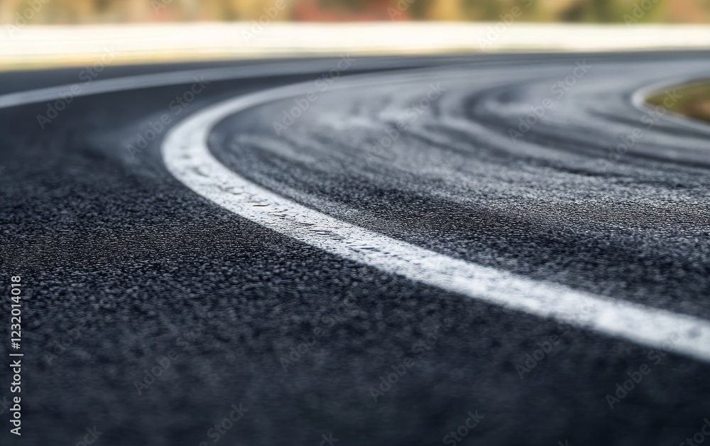 Close-up of a frosty race track curve showing tire marks and white line ...