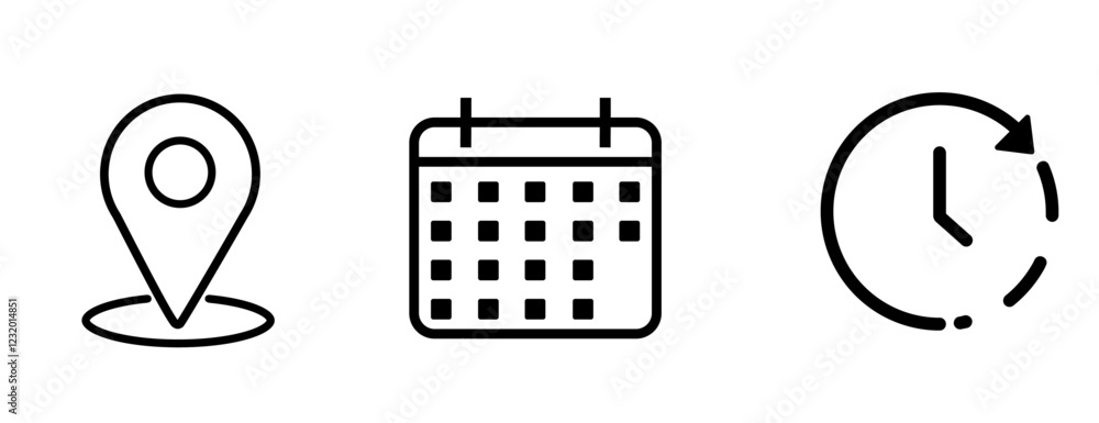 Time, date and address icon set. Calendar, clock, location. Editable stroke. Linear vector ...