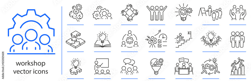 workshop icons, icon set of teamwork with coaching, training, meeting, simple symbols, linear ...