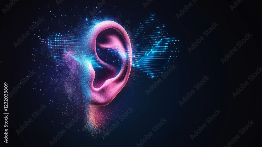 Pinkish human ear receiving blue digital sound waves, transforming ...