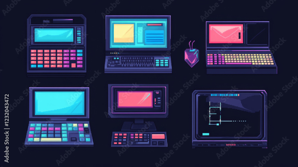 Old computer windows and icons set isolated on background. Vector ...