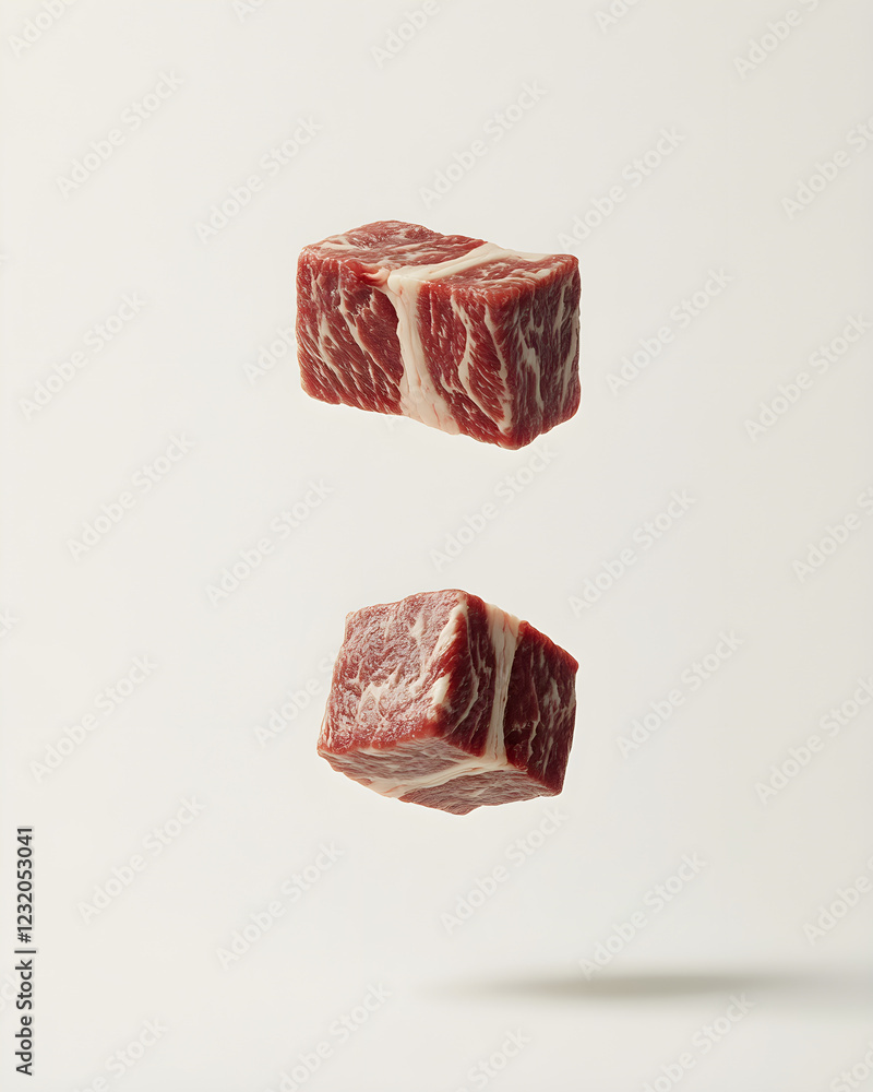 Realistic photograph of cubed beef floating in a white background, with ...