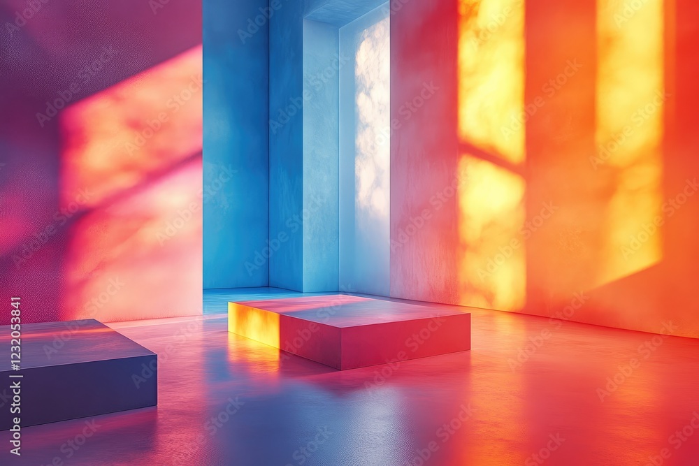 Geometric prisms casting soft light on a presentation space, with ...