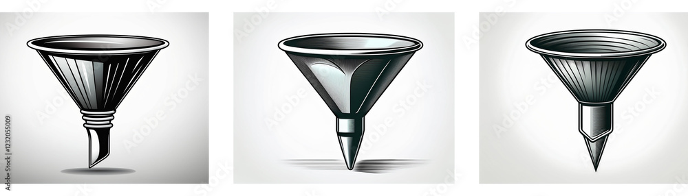 Three grayscale icons depicting kitchen utensils, specifically funnels ...