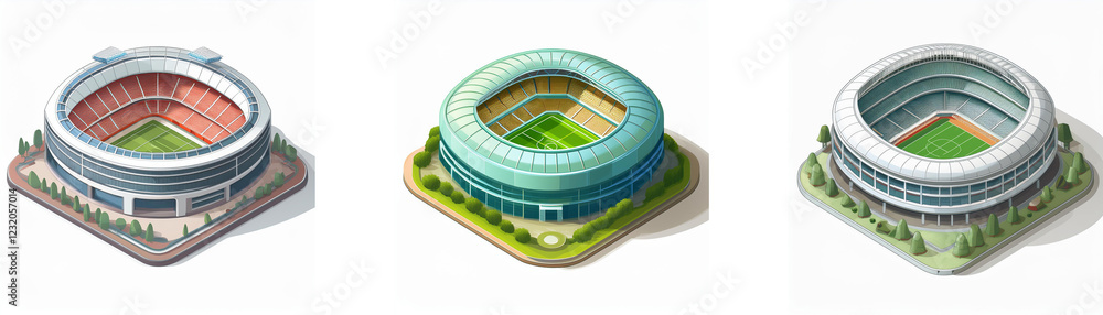 Three isometric views of modern stadiums showcasing their design and ...
