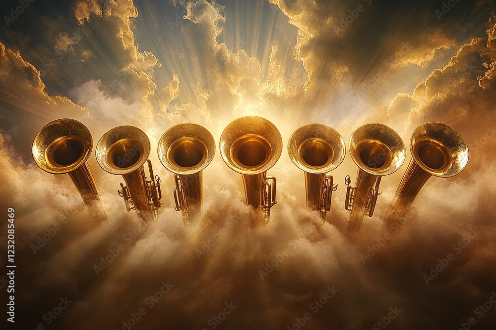 Seven trumpets descending from the sky, radiating divine light and ...
