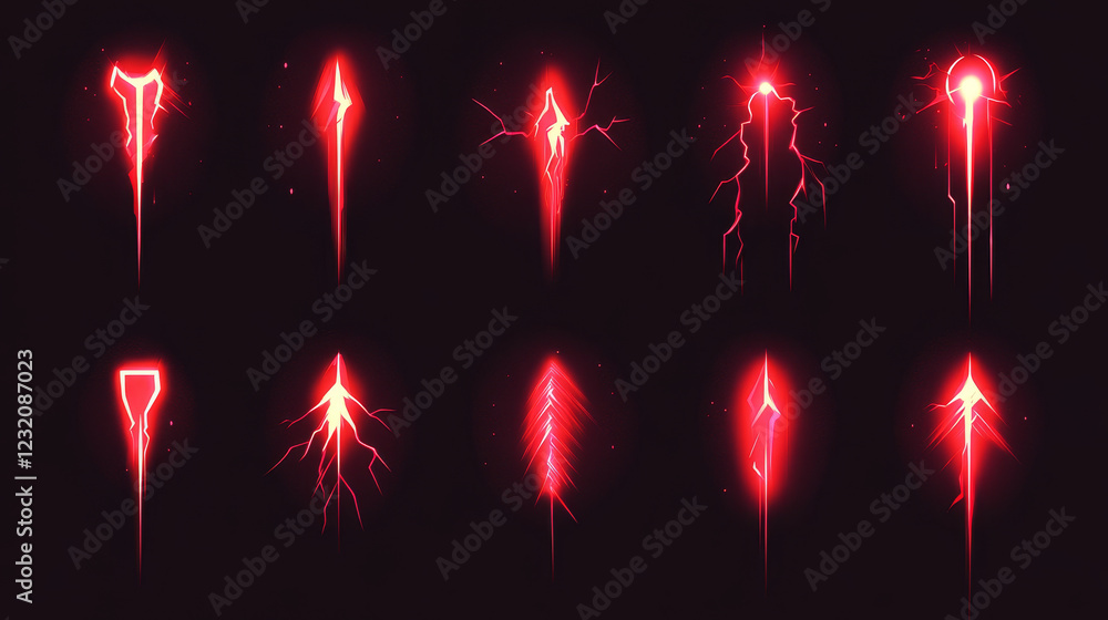 Cartoon set of red lightning strike effect isolated on black background ...