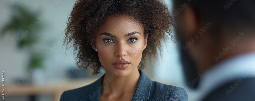 Confident businesswoman in a serious business meeting. Her intense gaze ...
