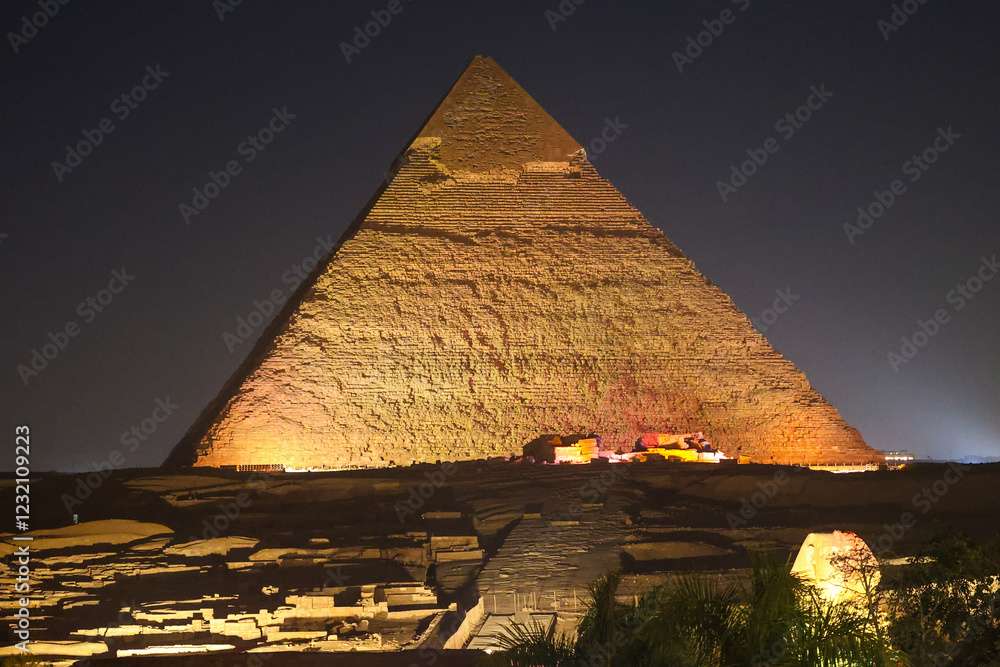 illuminated pyramid complex in Giza, Egypt with the Great Pyramid of ...