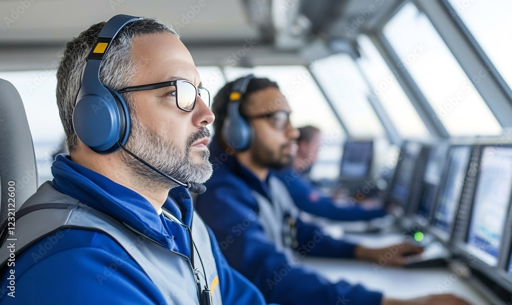 Ship bridge officers monitoring, working, teamwork, maritime control ...
