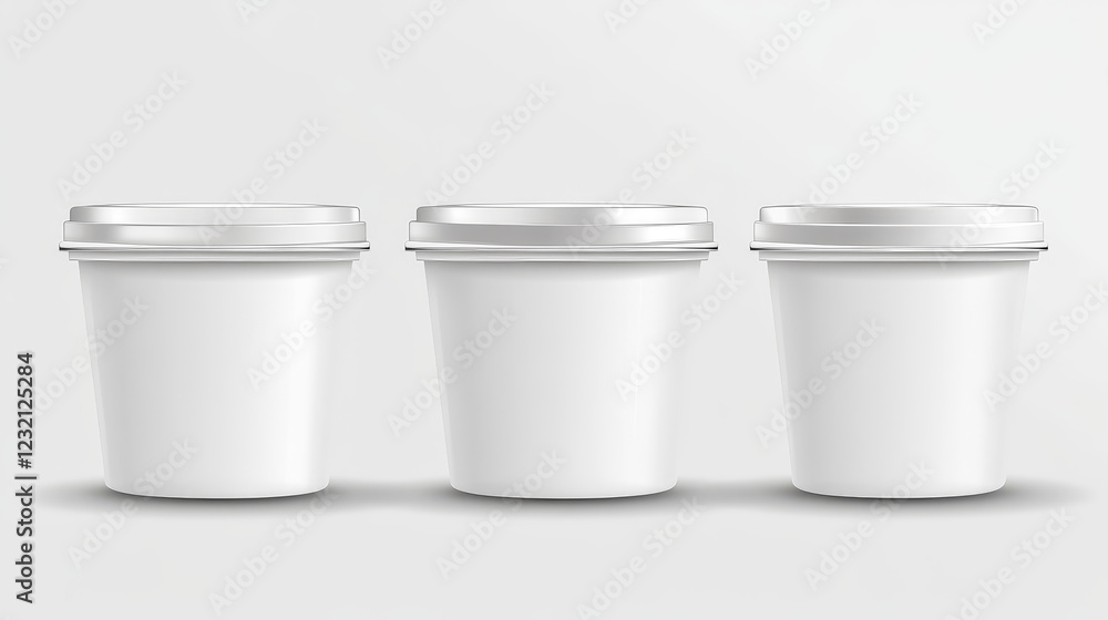 Plastic cup with open cap and yogurt inside. Package for yoghurt and ...
