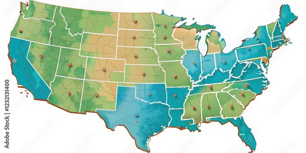 Aerial view of US map with states and major cities marked, US Map, Map ...