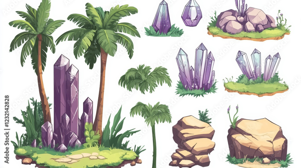 Game elements for level map ui design, islands with crystals, palm trees, green grass and rocks ...