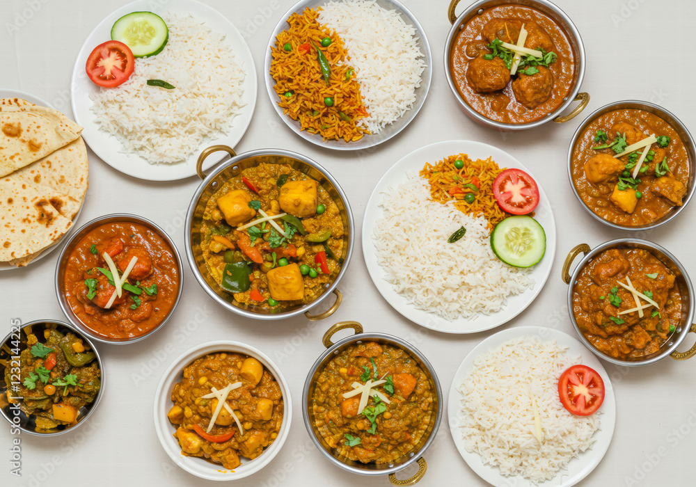 Overhead View of Assorted Indian Curry and Rice Dishes, Featuring a ...