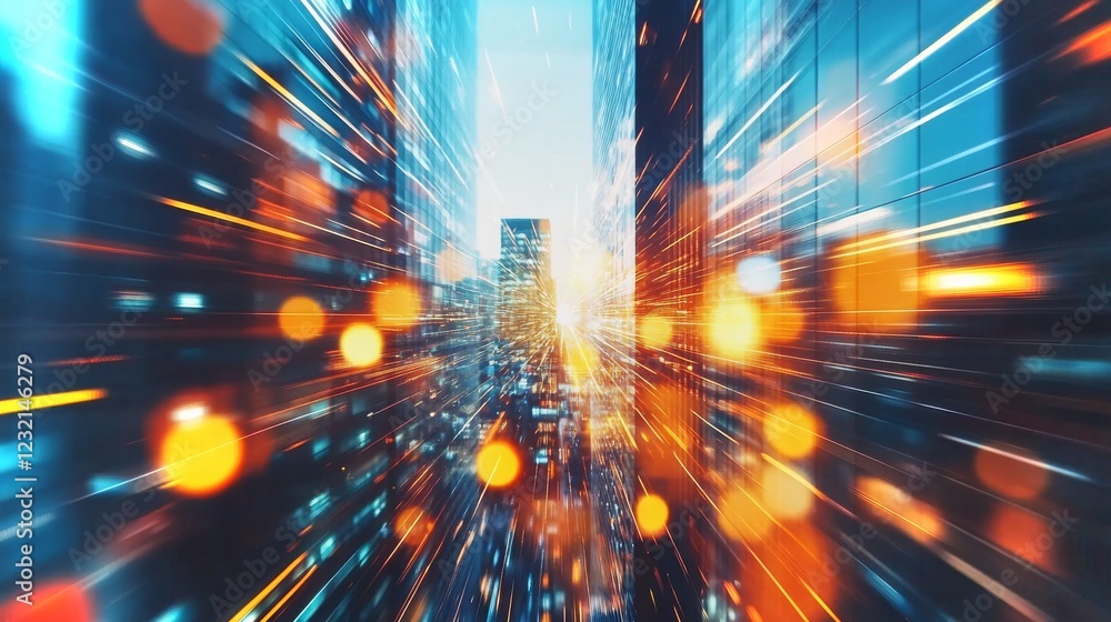 Dynamic cityscape with vibrant lights and motion through towering ...