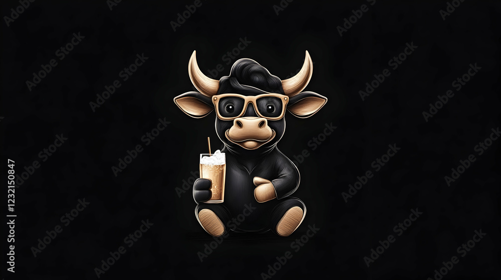 Cool bull enjoying drink, dark background, summer vibes, digital art ...