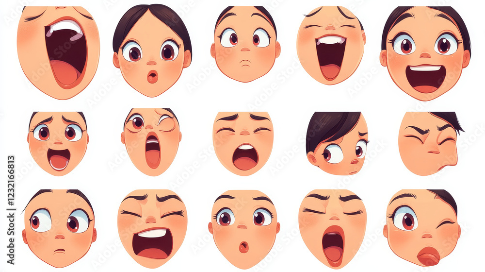 Asian girl mouth animation sprite sheet. Child lips poses in ...