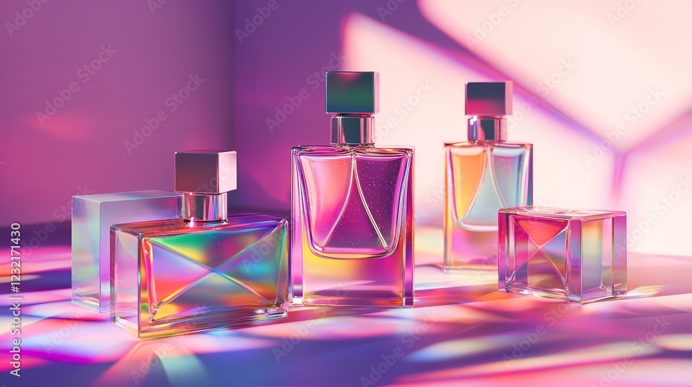 Artistic perfume set featuring abstract bottle shapes, holographic ...