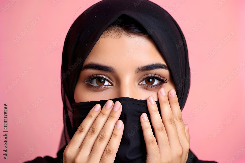 Arab woman with a black hijab covering her face looking at the camera ...