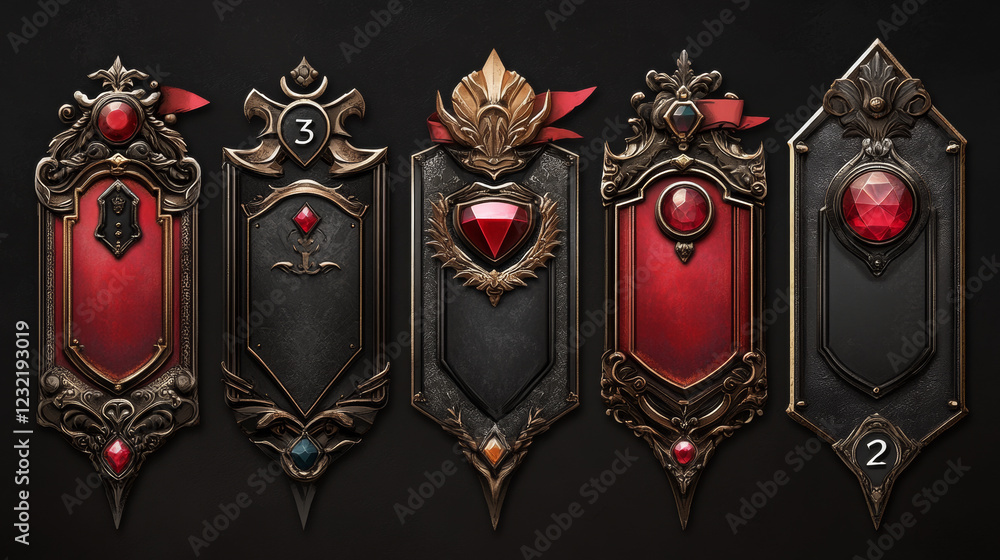 Level rank badges, game icons with five roman numerals and fantasy ...