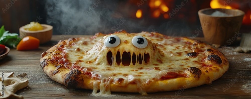 Melted cheese monster pizza with googly eyes, steaming from wood-fired ...