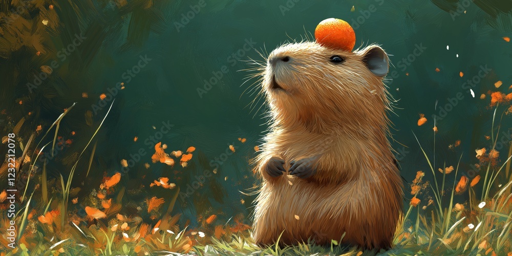 Cute Capybara with an Orange on Its Head, Sitting in the Grass, Side ...
