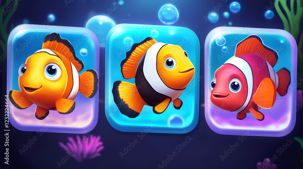 Underwater game ui interface with fish slot icon. Match 3 element with ...
