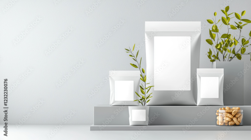 Minimalist display of snack bags and plants on shelf, creating fresh ...