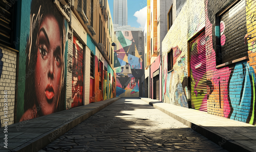 Vibrant street art display urban alley visual art cityscape ground ...