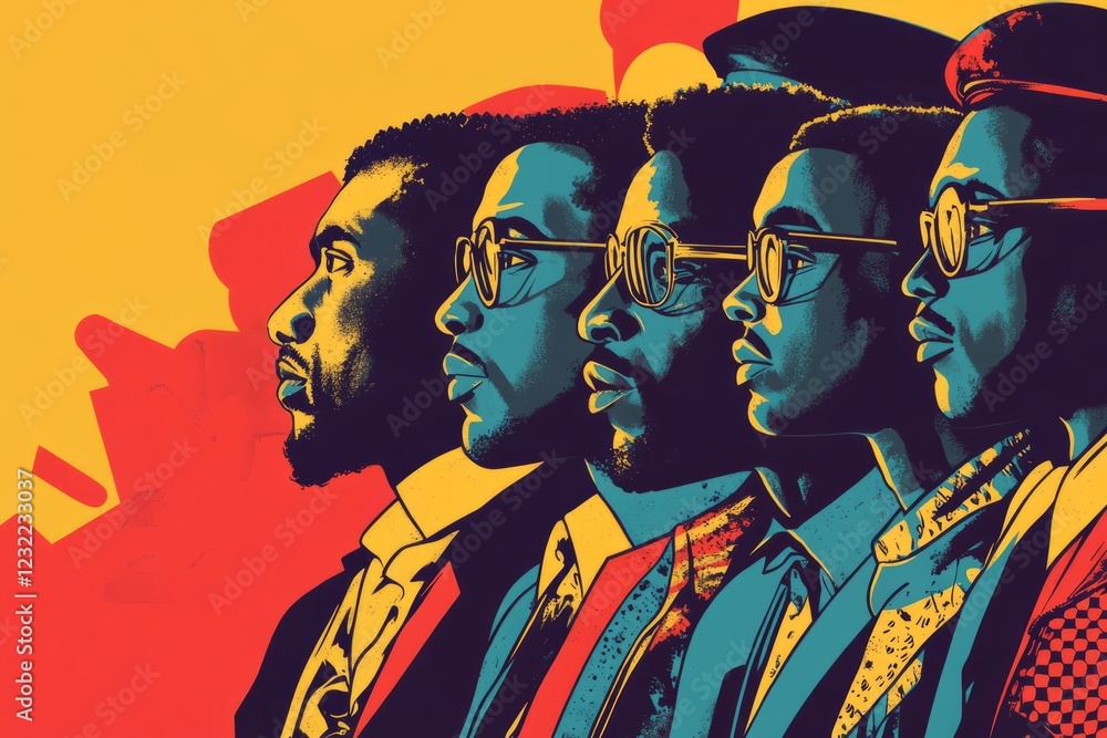Stylish Portrait Of Four Young Men In Profile, Depicted In A Vibrant ...