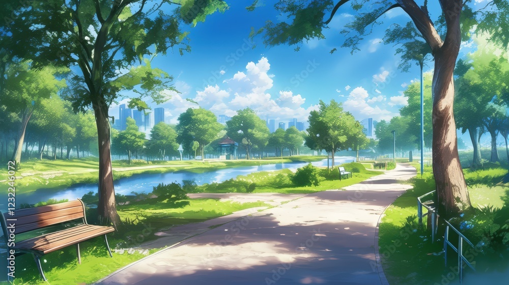 Serene Green Park Scene in Bright Daylight with Lush Trees, Calm Water ...