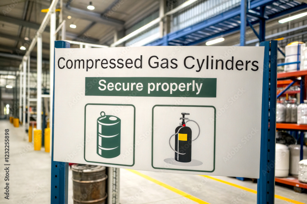 A clear safety sign in a warehouse indicating the proper securing of ...
