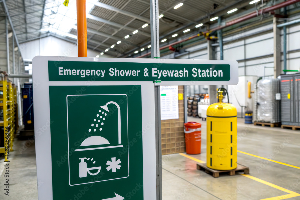 Emergency shower and eyewash station sign in a factory setting ...