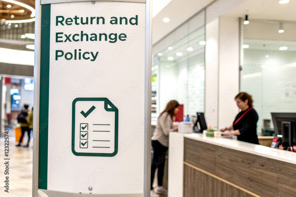 A sign displaying the return and exchange policy in a retail environment, featuring a checklist ...