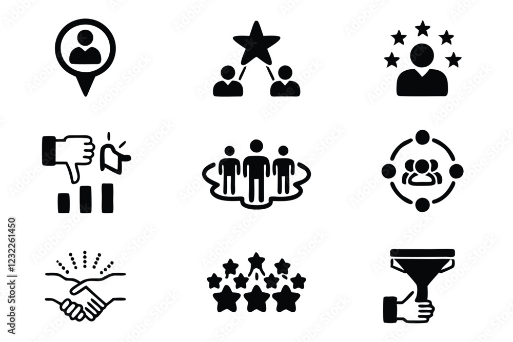 Create a clean, editable icon set illustrating the customer journey ...