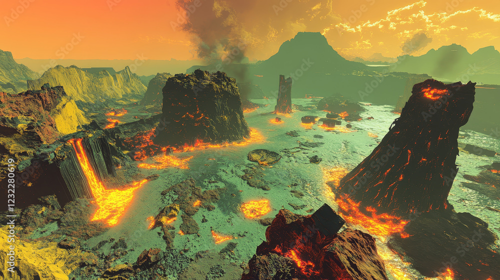 Hell landscape, infernal hot volcano cave with lava flow from cracked ...