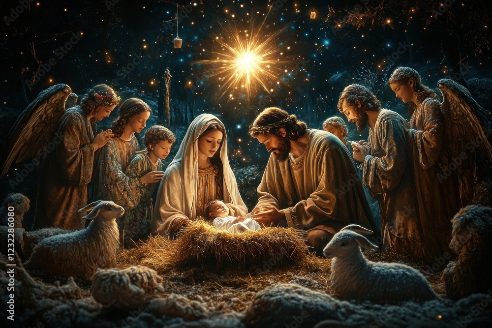 Nativity Scene in Bethlehem with Virgin Mary Joseph Baby Jesus Angels ...