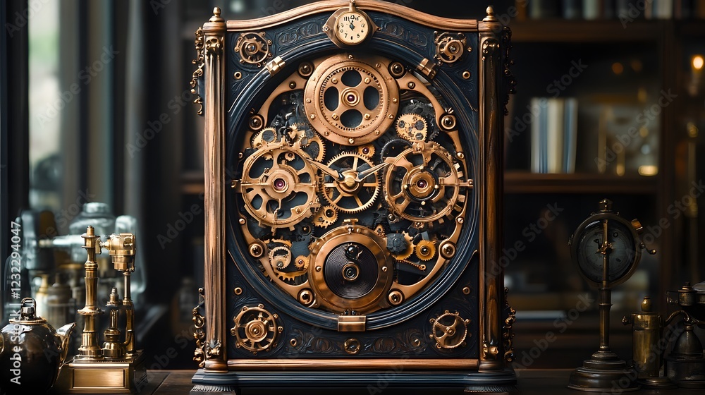 Dynamic steampunk grandfather clock crafted from dark wood with ...