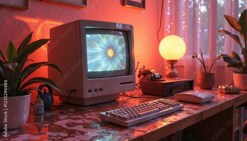 Retro computer scene with old CRT monitor, sunset view through the ...
