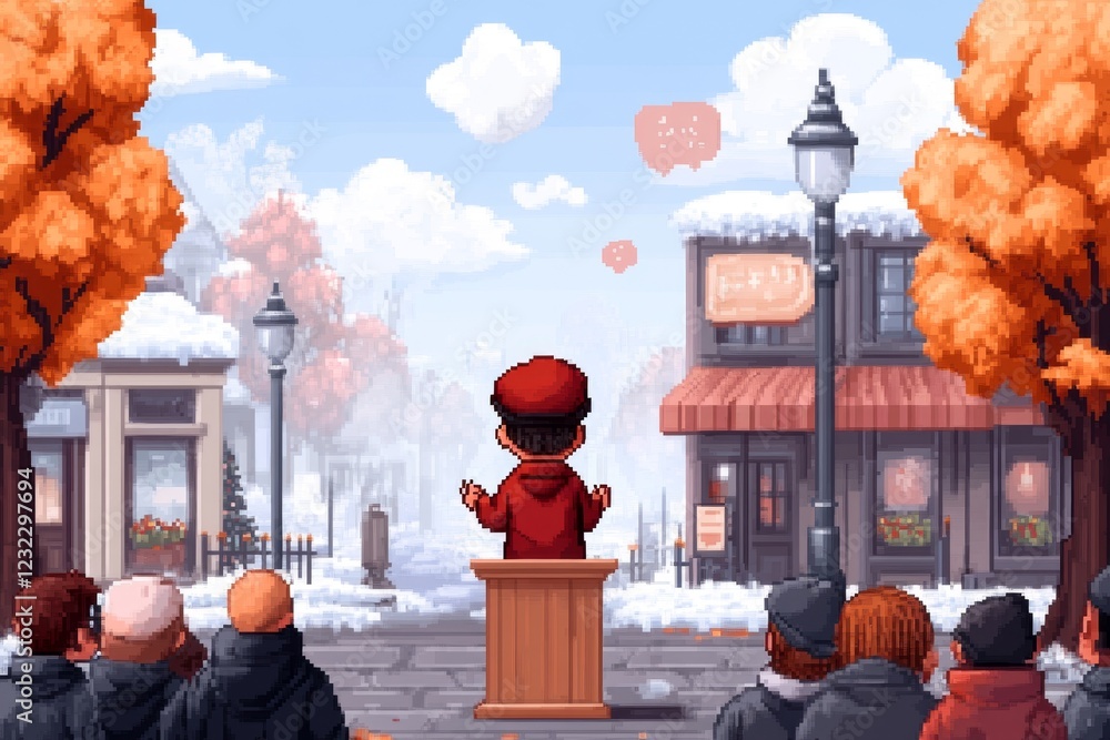A pixel art scene of a character standing on a podium, speaking to a ...