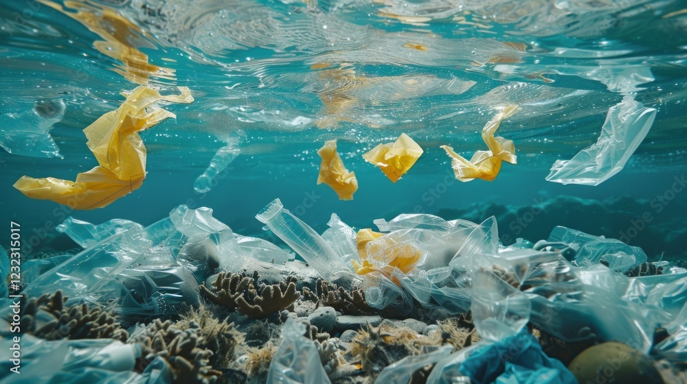 Underwater world polluted by plastic waste, illustrates the problem of ...