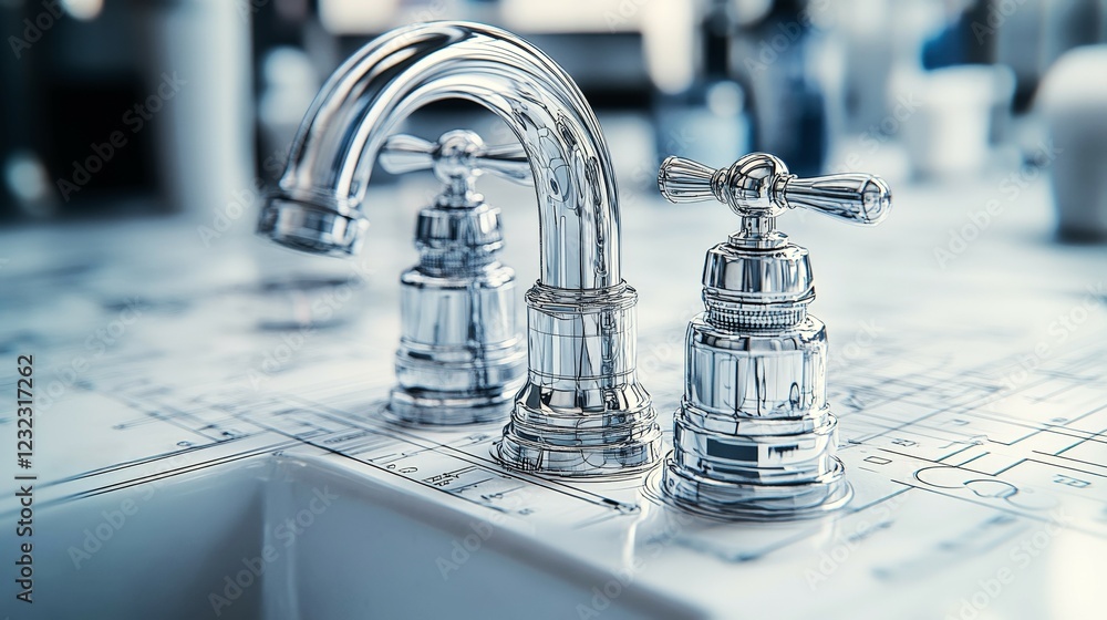 Technical drawing of multi-function faucet with arched spout and ...