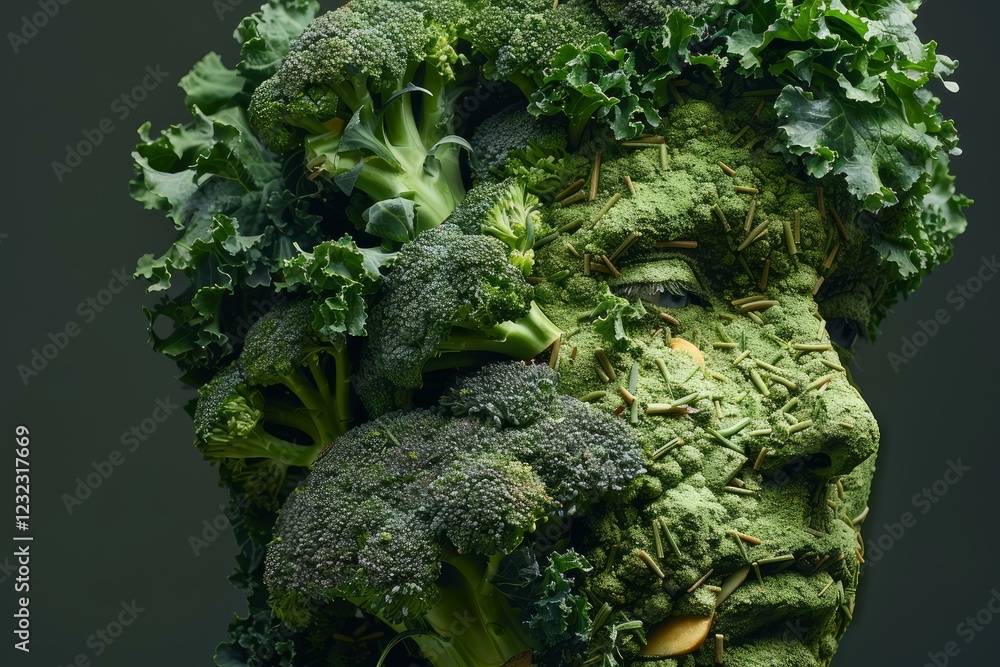 Surreal portrait of a green man covered with broccoli, kale, and herbs ...