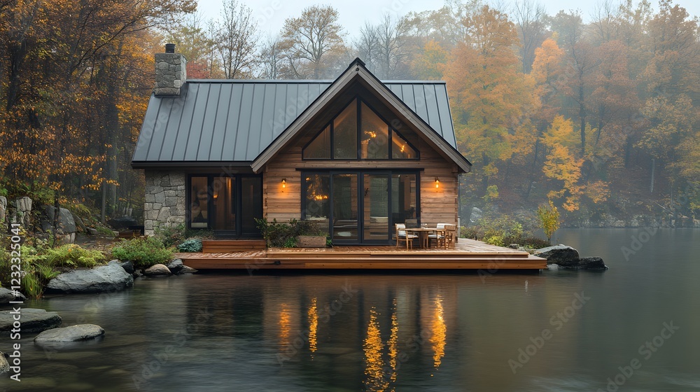 Peaceful lakefront A-frame house with a steel roof, wooden facade, and ...