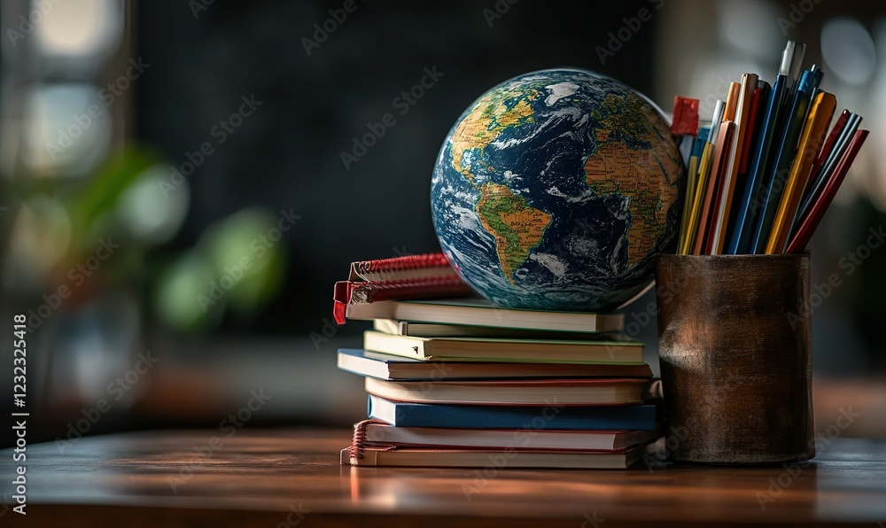 Globe on books with colored pencils, classroom setting, back to school ...