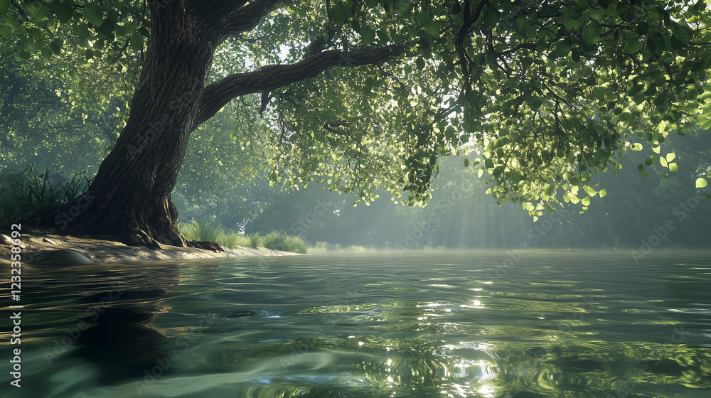 Reflection of a tree in water: sun rays through tree crowns and ripples ...