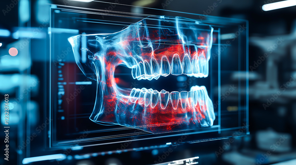 Multiple holographic displays show different angles and cross sections of a patients dental ...