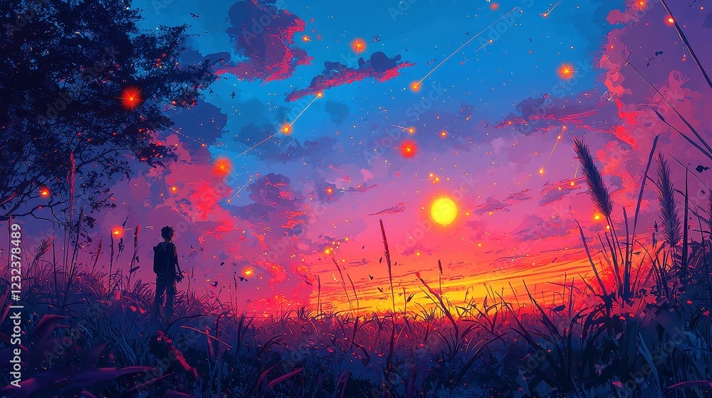 Enchanted Firefly Constellations, a pixel art scene showcasing a field ...