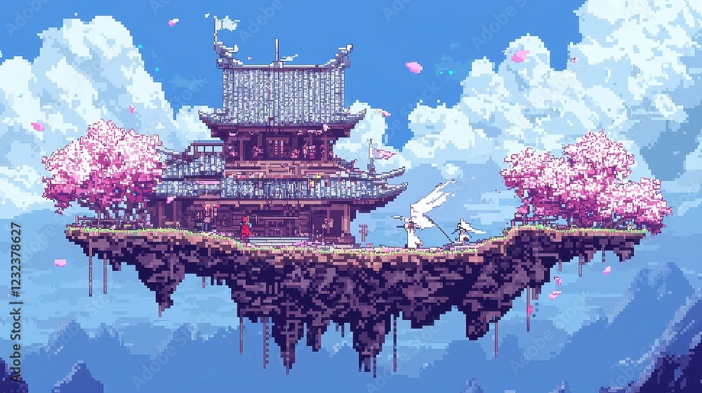 Eternal Duel of Legends, a pixel art scene showcasing a surreal floating battlefield where ...